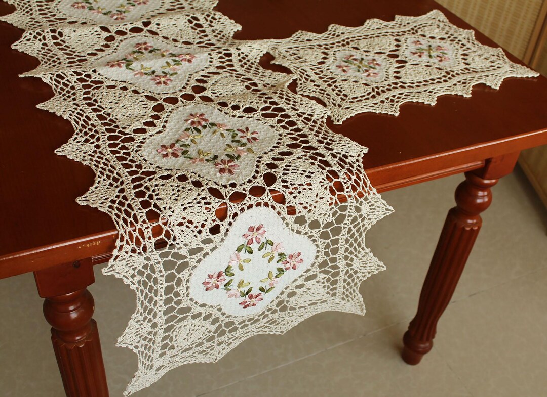 Handmade Crochet Table Runner: Embroidered Floral Lace, 100% Cotton - Etsy