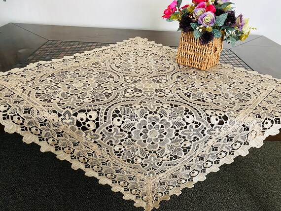 A&MT Floral Venice Lace Linen Table Topper Beige 36 x | Etsy