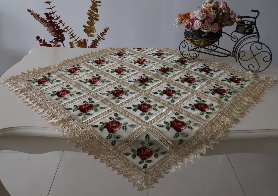Floral Embroidered Table Topper: Vintage Lace Linen, 34" SQ Round - Etsy