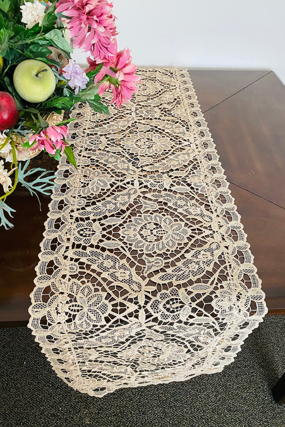 Vintage Venice Lace Linen Table Runner - Beige Floral Dresser Scarf (16 ...