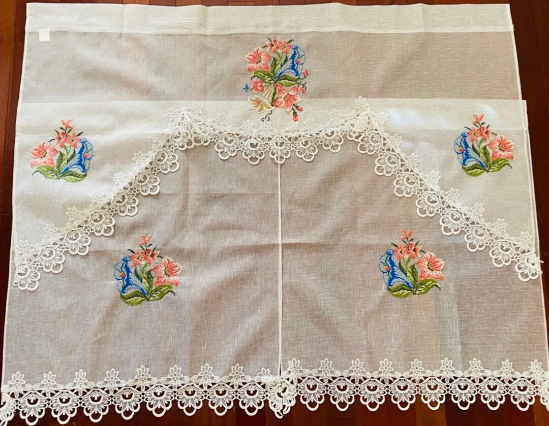 Vintage Lace Curtain Set: Cross Stitch Embroidered Valance and Tiers - Etsy