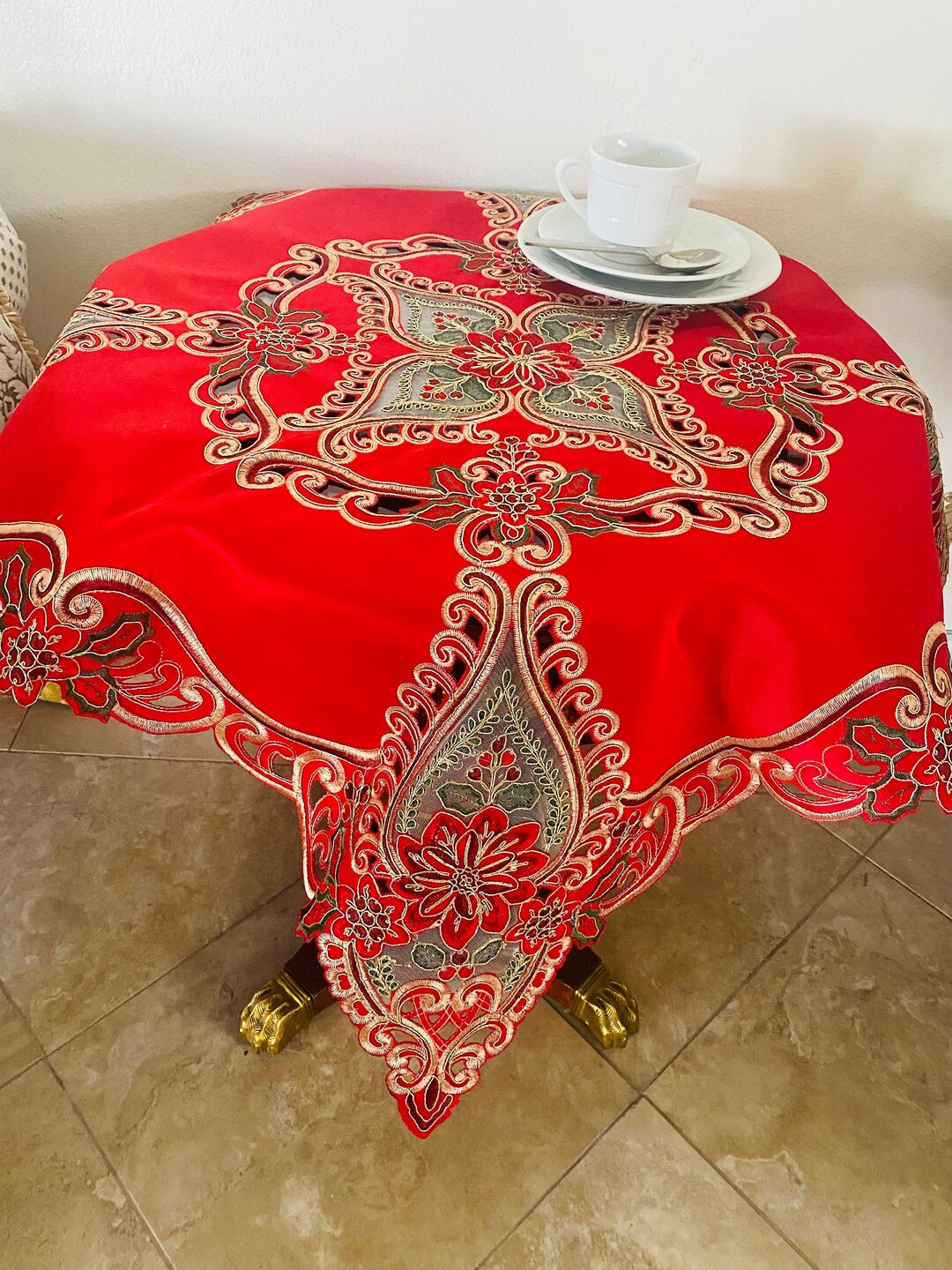 AMT Gorgeous Christmas Holiday Golden Thread Embroidered Poinsettia ...