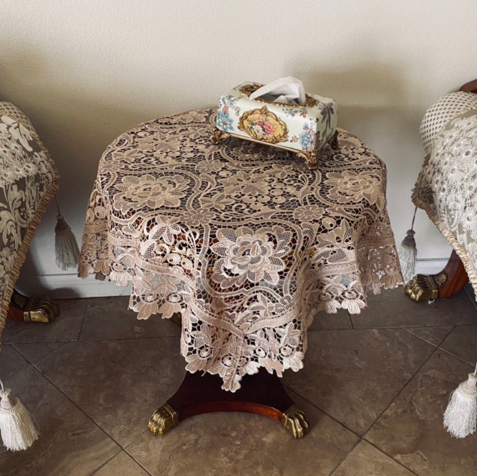 A&MT Floral Venice Lace Linen Table Topper - Beige (36" X 36" Square or ...