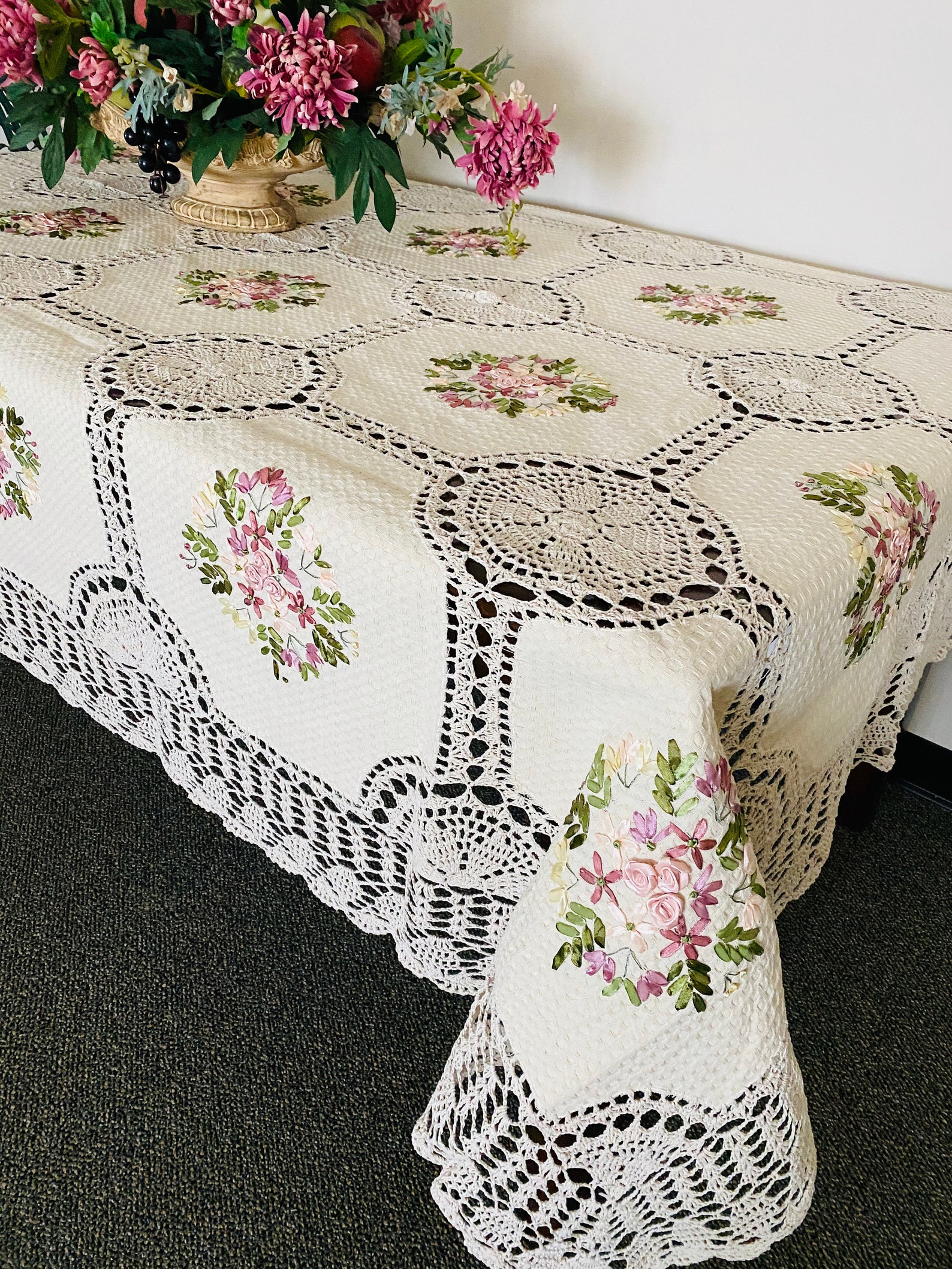 Handmade Crochet Tablecloth With Ribbon Embroidery: Vintage-inspired ...