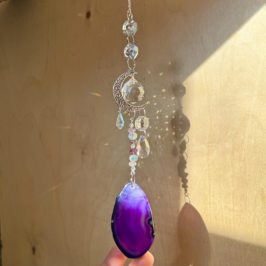 Crescent Moon Suncatcher Purple Agate Slice, Creates Rainbows in Your ...