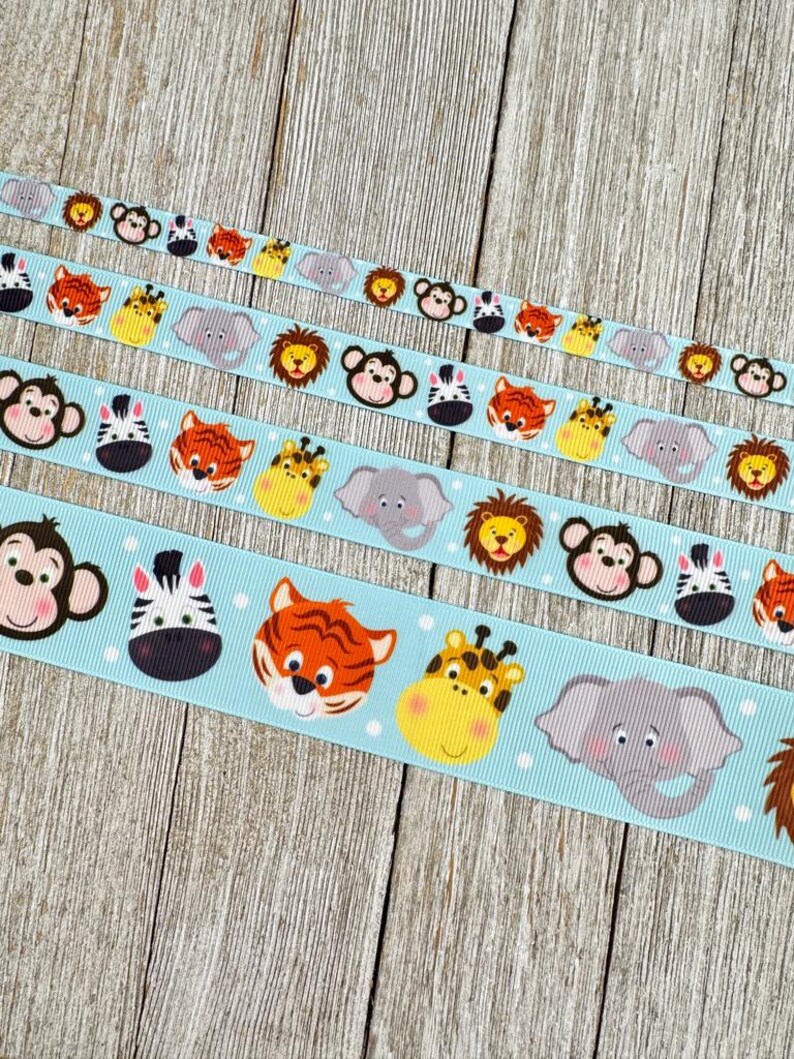 Elephant Monkey Giraffe Zebra Tiger Printed Grosgrain Ribbon - 3/8" - 5 ...