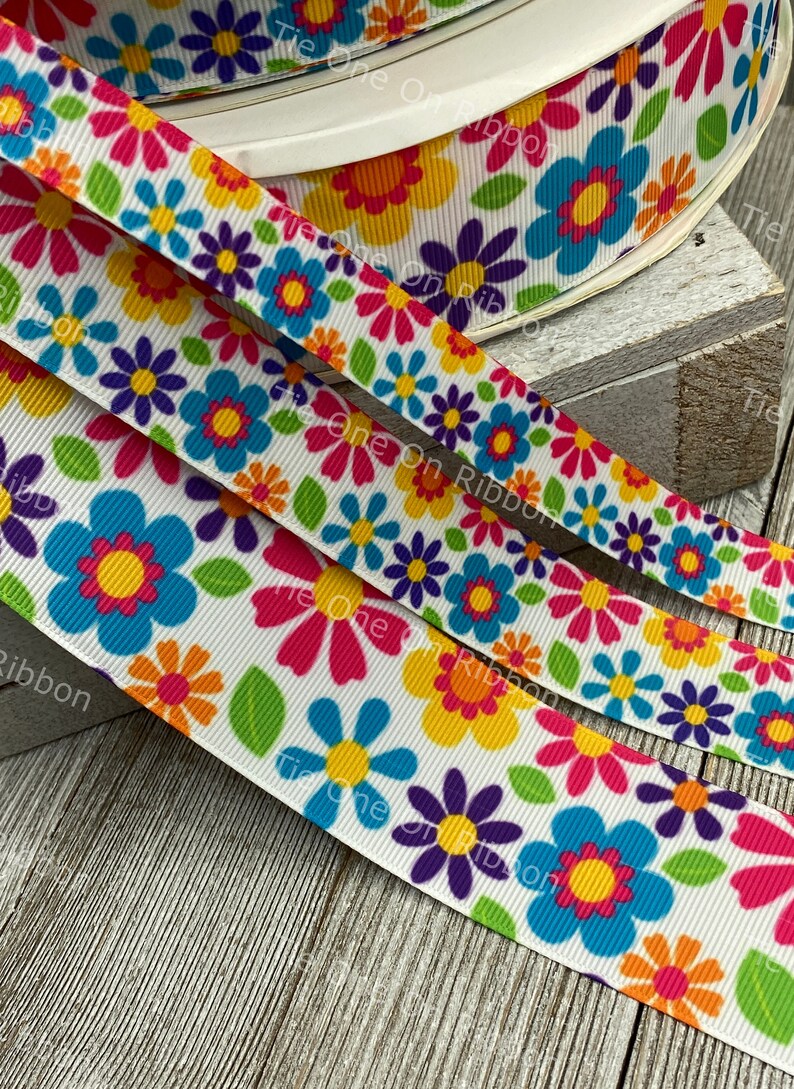 Bright Flowers Retro Flower Power Printed on White Grosgrain | Etsy