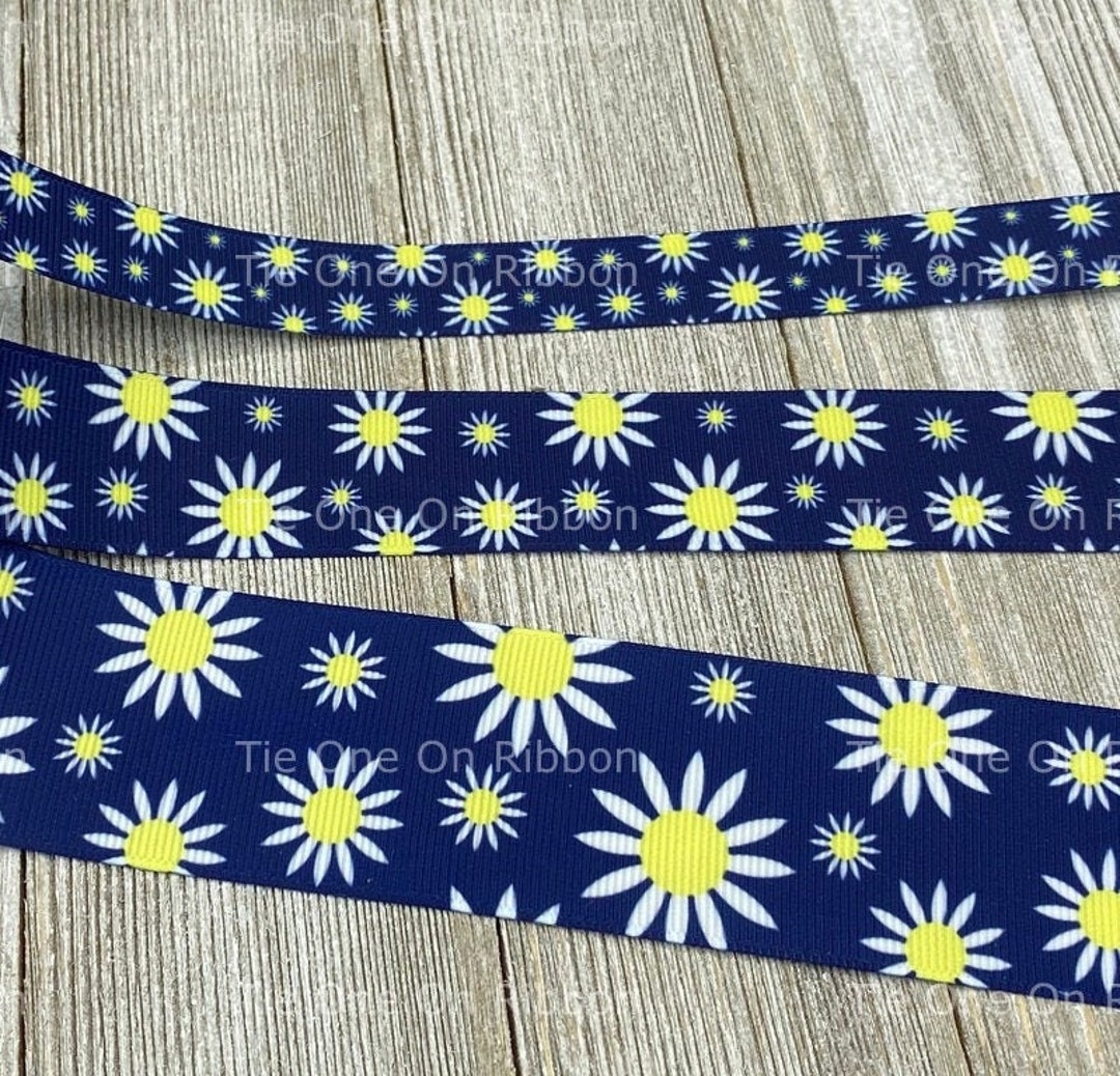 White Daisy on Navy Blue Floral Print Grosgrain Ribbon 5/8 1 1.5 Inch ...