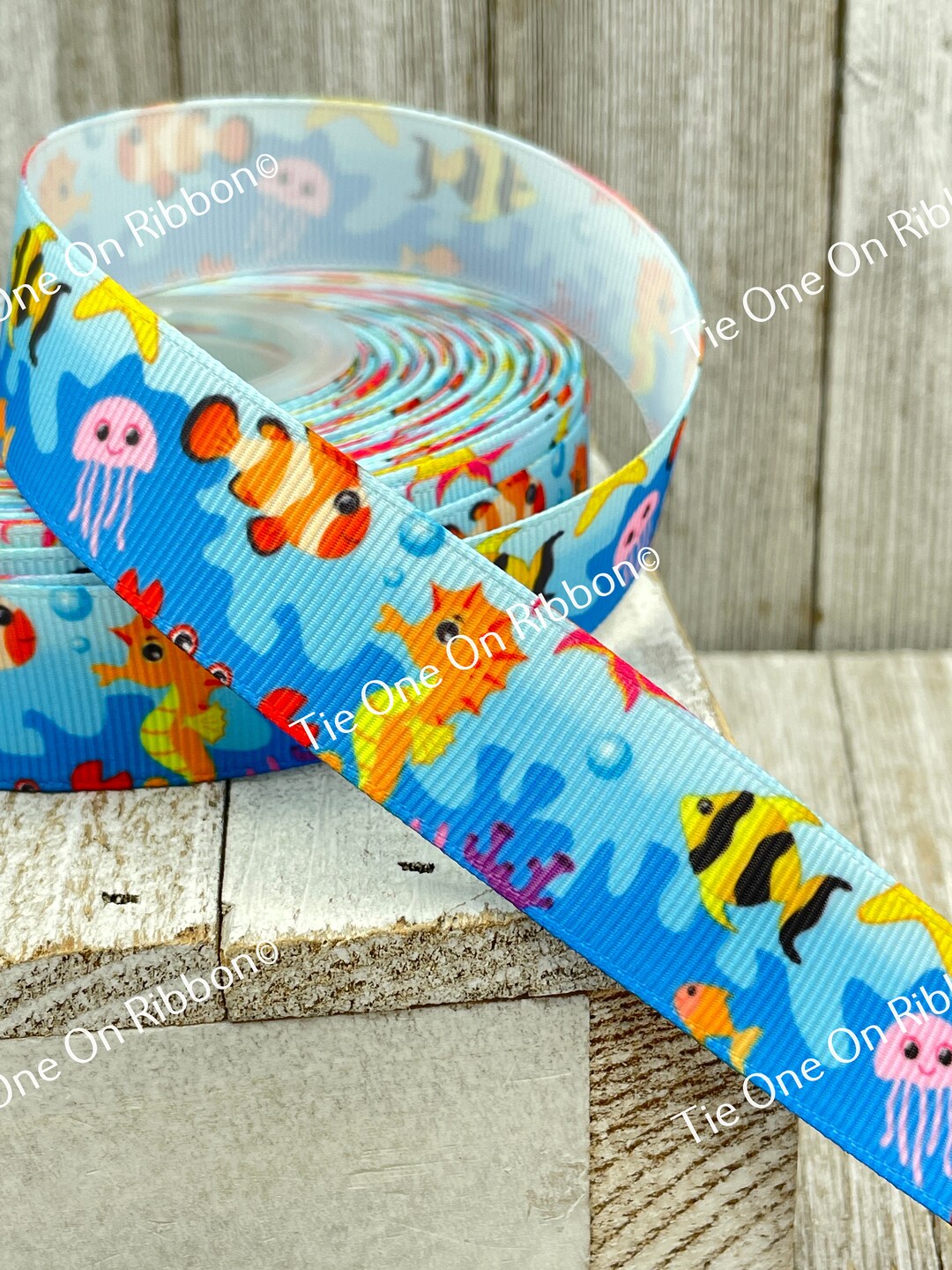 Fish Jellyfish Seahorse Sea Life Ocean Print Grosgrain Ribbons - 7/8 ...