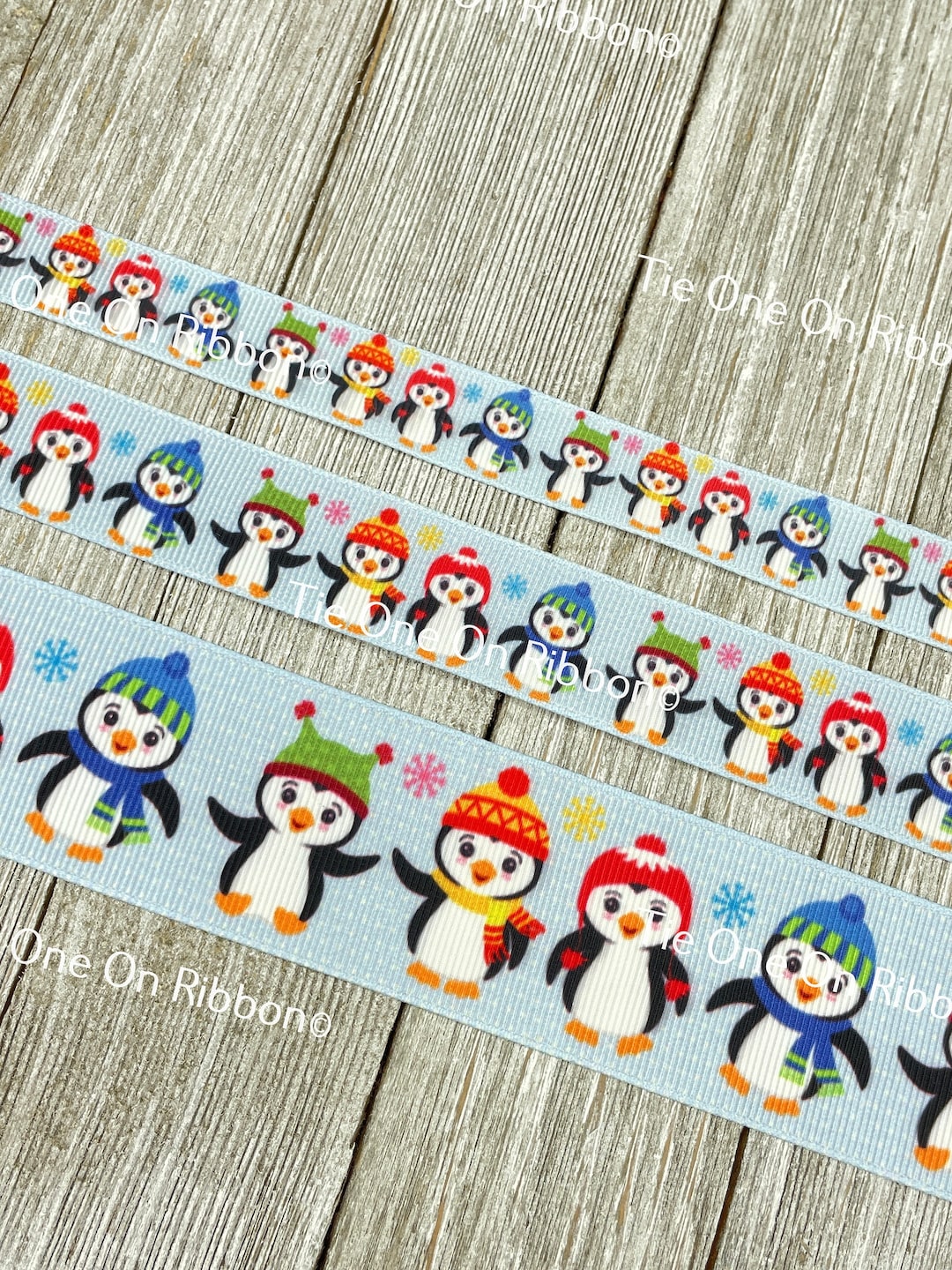 Cute Winter Penguins in Knit Caps Printed Grosgrain Ribbon - 5/8" - 7/8 ...
