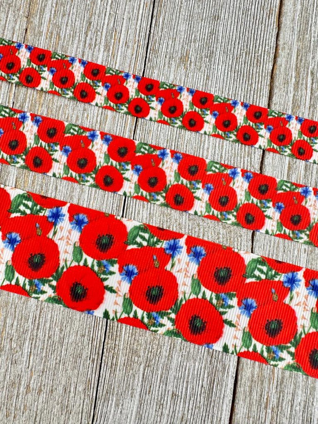 Red Poppies and Blue Accent Flowers Printed on White Grosgrain Ribbon ...