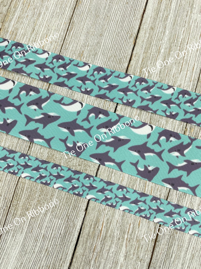Gray Sharks on Turquoise Blue Background Printed Grosgrain Ribbon - 5/8 ...