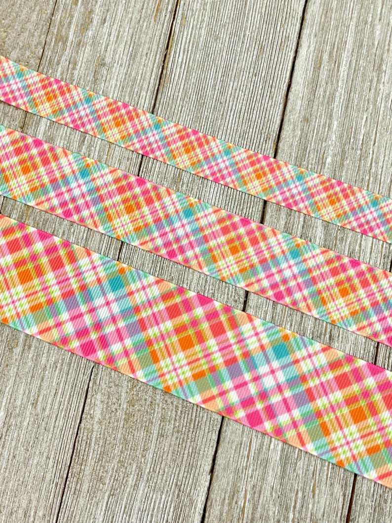 Pink, Orange and Blue Plaid Printed Grosgrain Ribbon - 5/8" - 7/8" - 1 ...
