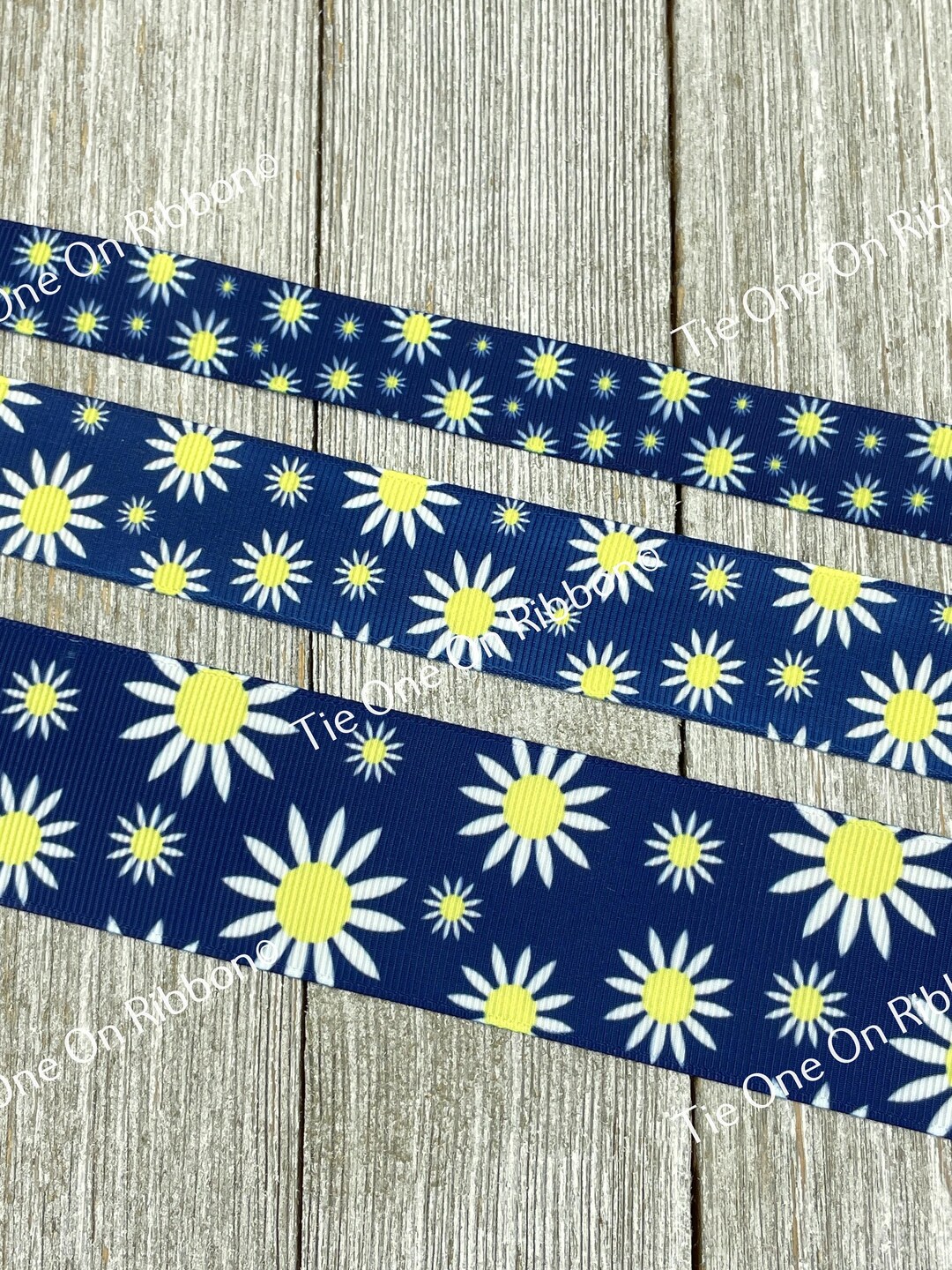 White Daisy on Navy Blue Floral Print Grosgrain Ribbon- 5/8" - 1" - 1.5 ...
