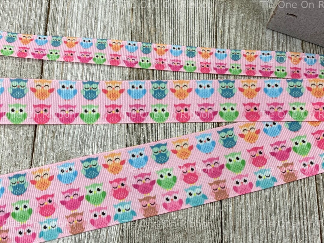 SALE 5 Yards Cute Winking Owls on Pink Printed Grosgrain Ribbon 5/8 1 1 ...