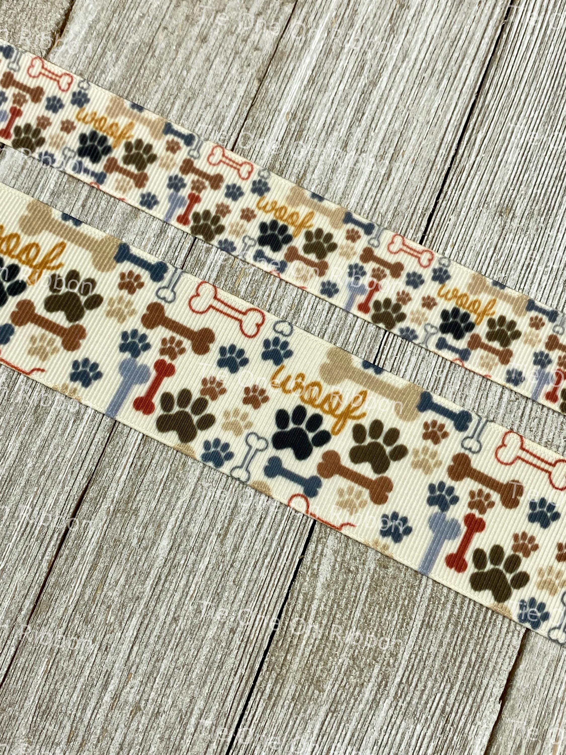 Woof! Dog Paw Prints & Bones on Cream Printed Grosgrain Ribbon - 7/8 ...