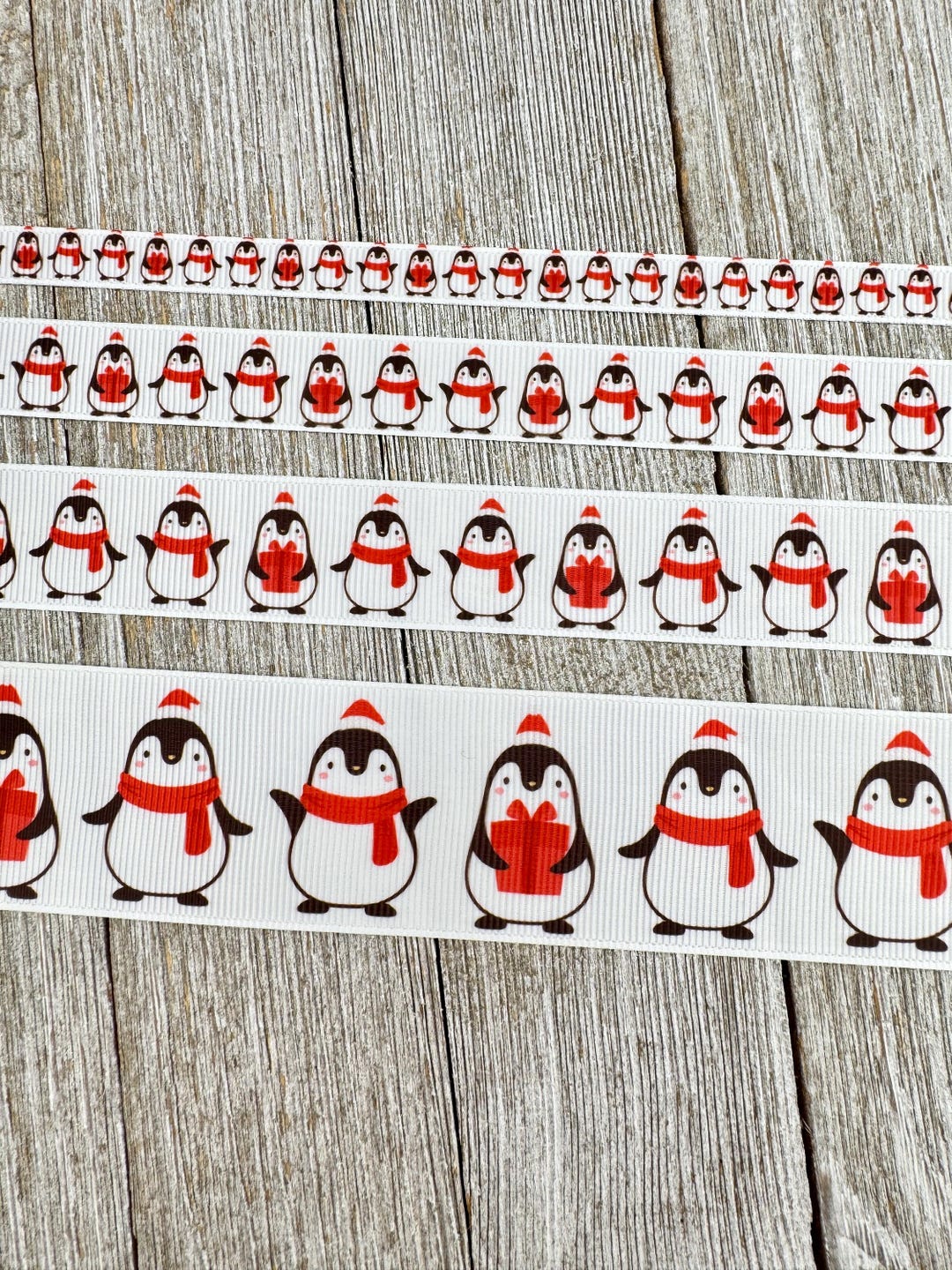 Penguins Line-up With Red Hats, Scarves Holiday Printed Grosgrain ...