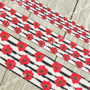 Red Poppies Print Black Stripes Printed Grosgrain Ribbon - 5/8" - 1 ...
