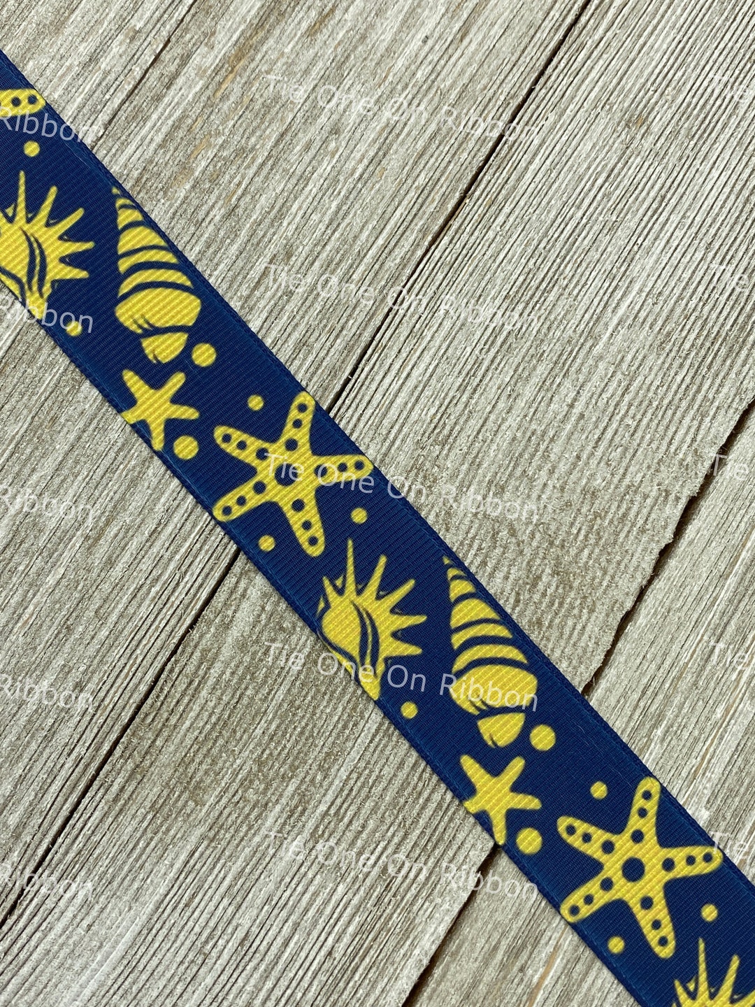 Yellow-gold Sea Shells on Navy Printed Grosgrain Ribbon 7/8 Wide Sew ...