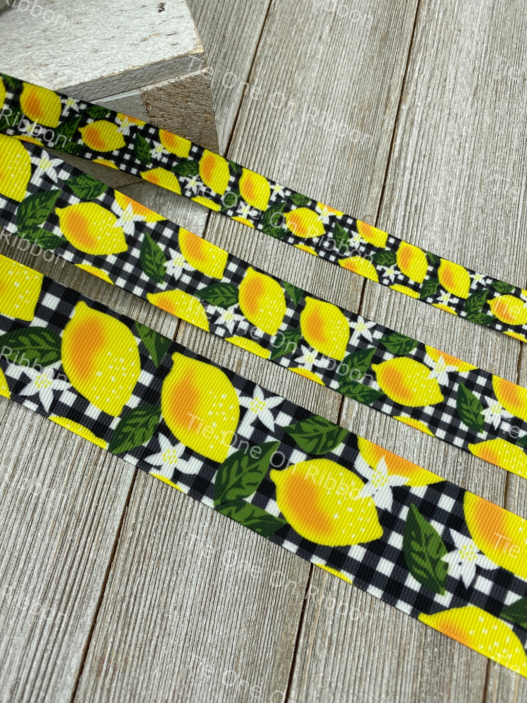 Large Yellow Lemons on Black Check Printed Grosgrain Ribbon 5/8 7/8 1 1 ...