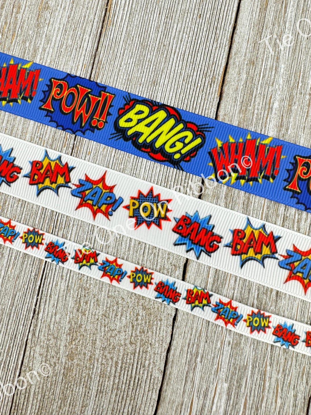 Comic Book Superhero Words on White Printed Grosgrain - 3/8" & 7/8 ...