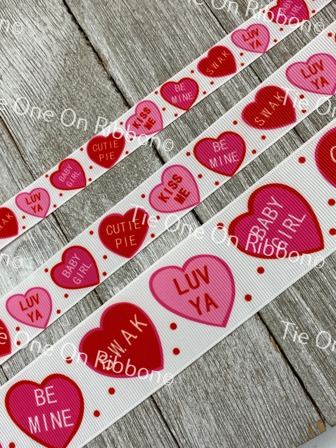 Red and Pink Conversation Hearts on White Printed Grosgrain Ribbon 5/8 ...