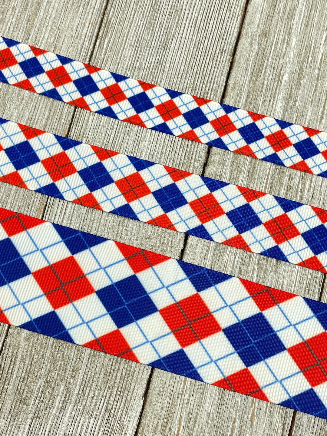 Bold Patriotic Red and Blue Plaid Argyle Printed on White Grosgrain ...