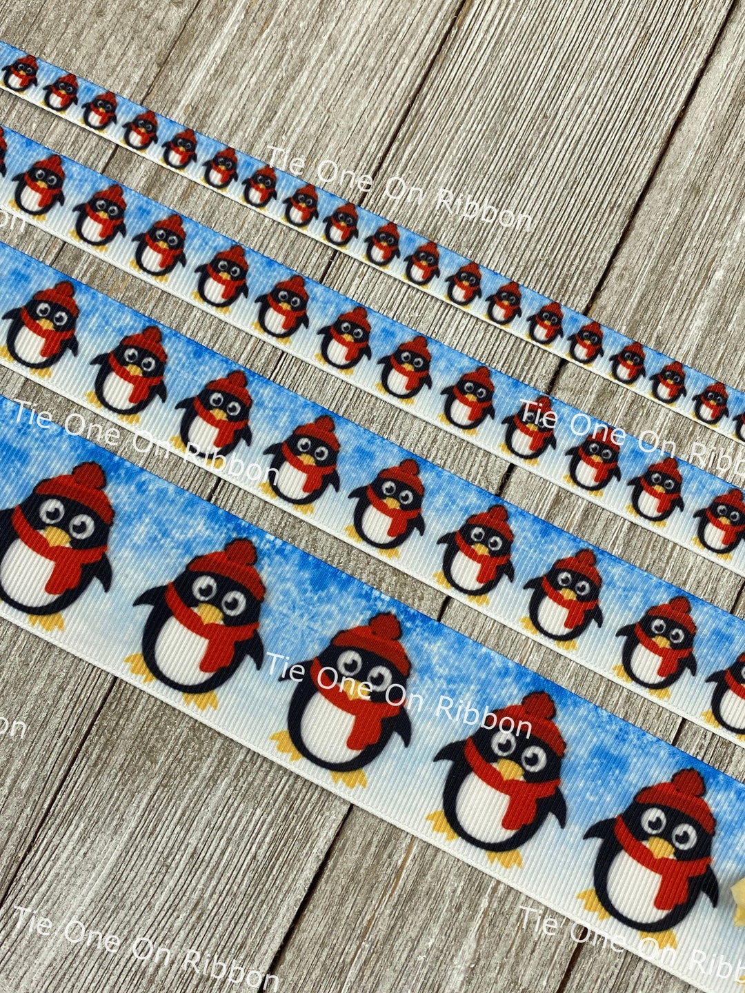 Winter Penguin Line-up With Red Hat Scarf Printed Grosgrain Ribbon - 5/ ...