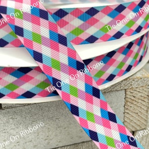 Pastels and Navy Accents Woven Check Plaid Grosgrain Ribbon 7/8 Craft ...