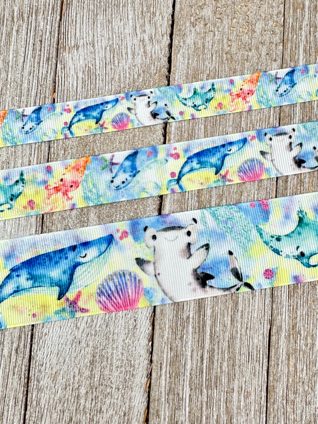 Sea Life Ocean Print Shark Stingray Squid Grosgrain Ribbon - 5/8" - 7/8 ...