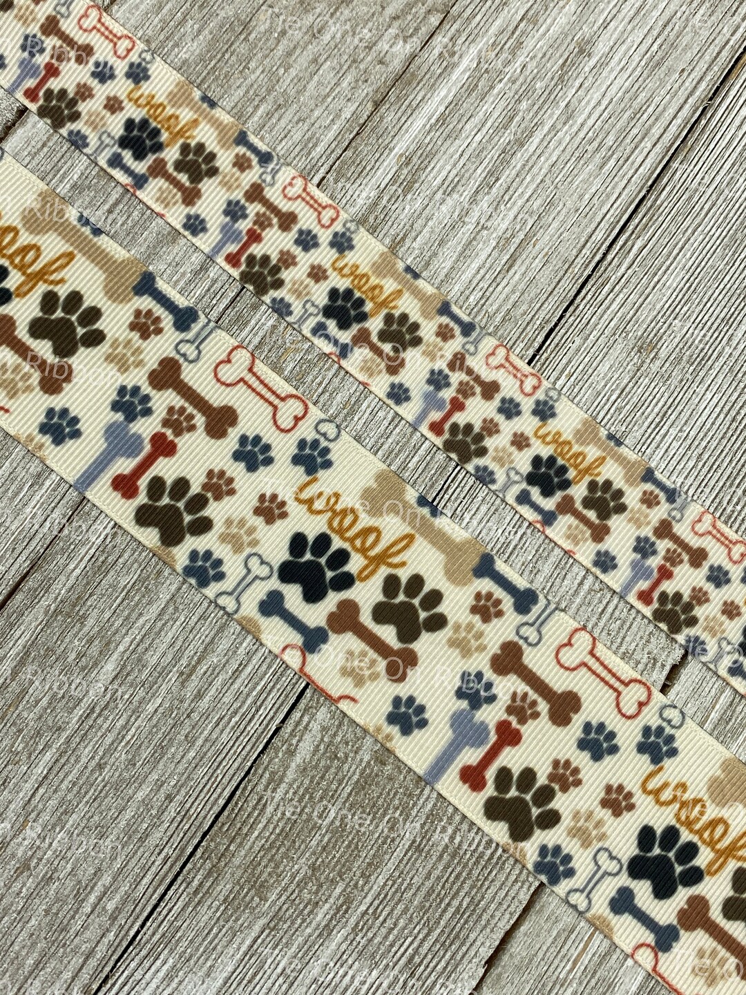 Woof Dog Paw Prints & Bones on Cream Printed Grosgrain Ribbon 7/8 1.5 ...