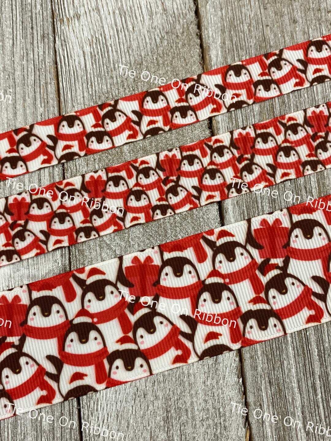 Flash Mob of Penguins With Red Hats & Scarves Printed Grosgrain Ribbon ...