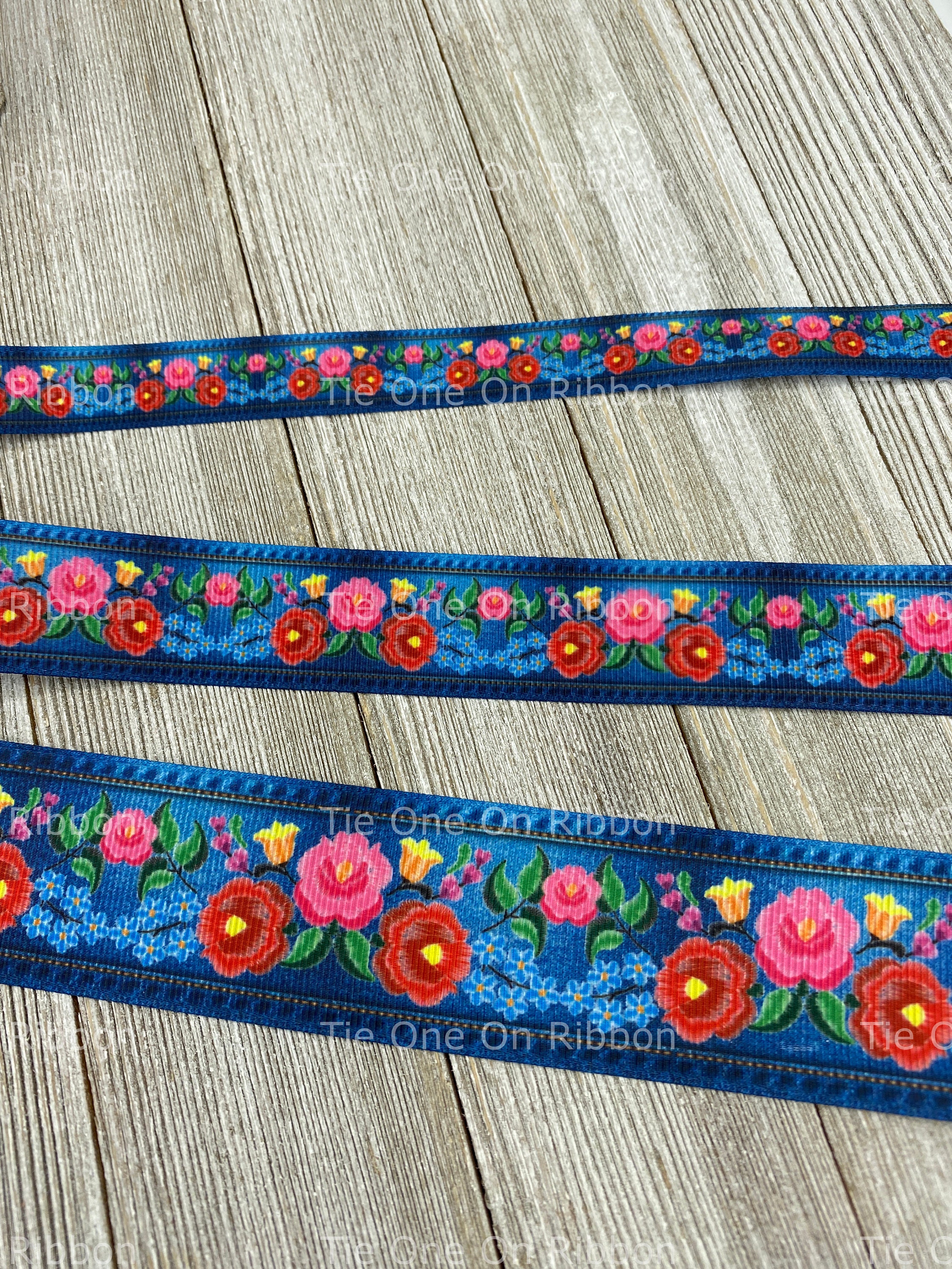 Embroidered Flowers on Denim Printed Grosgrain Ribbon 5/8 | Etsy