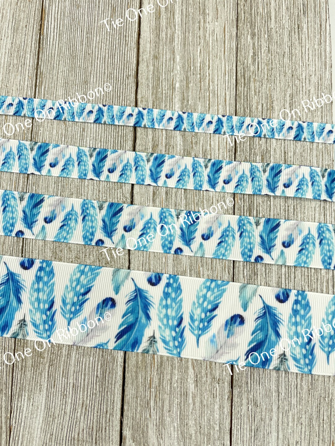 Lot 2 Light Blue & Gray Feathers on White Printed Grosgrain Ribbon - 3/ ...