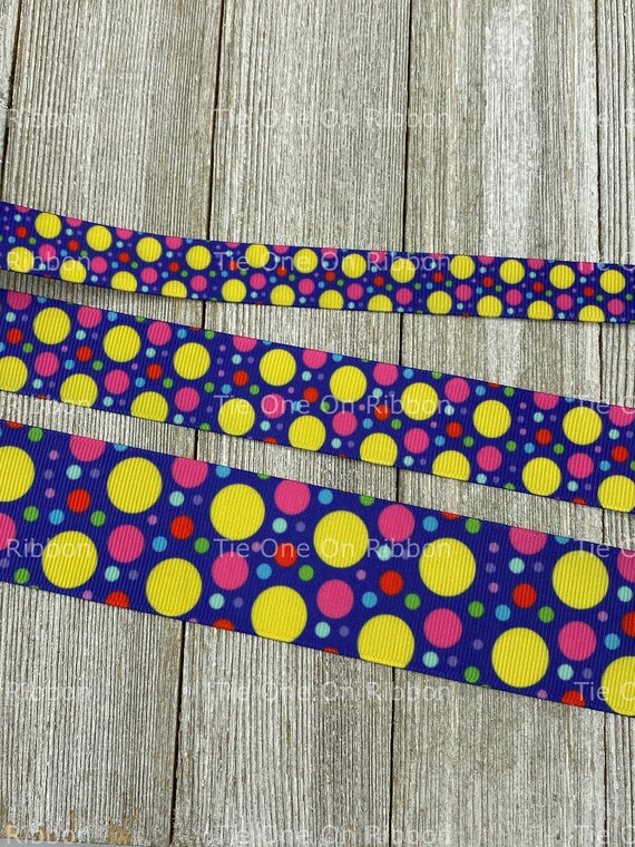 Pink and Yellow Dots On Blue Printed Grosgrain Ribbon | Etsy