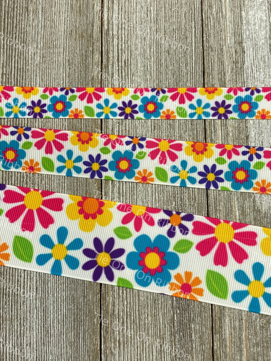 Bright Flowers Retro Flower Power Printed on White Grosgrain - Etsy