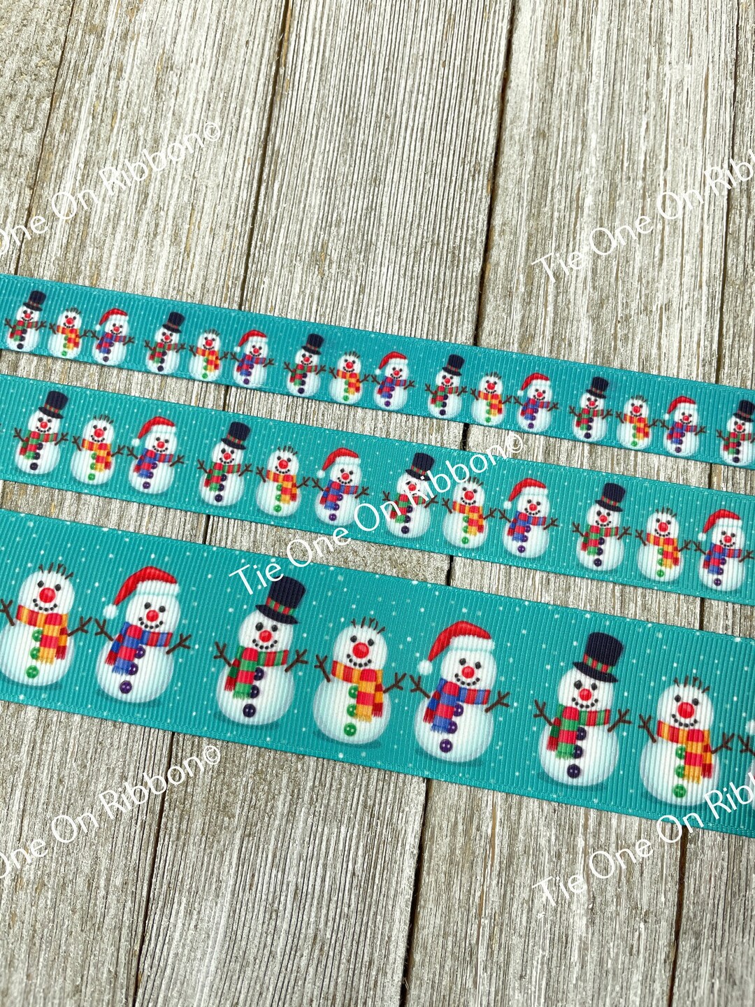 Snowman Line-up on Teal Blue Background Printed Grosgrain Ribbon - 5/8 ...