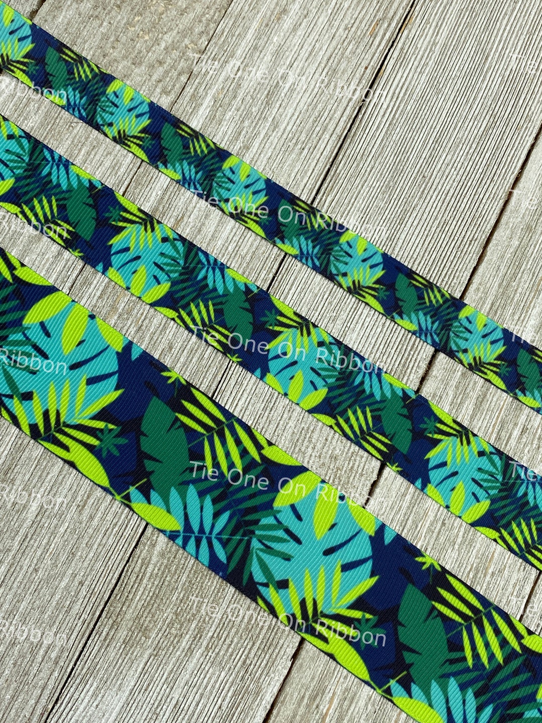 Blue and Green Tropical Palm Leaves Printed Grosgrain Ribbon - 3/8" - 7 ...