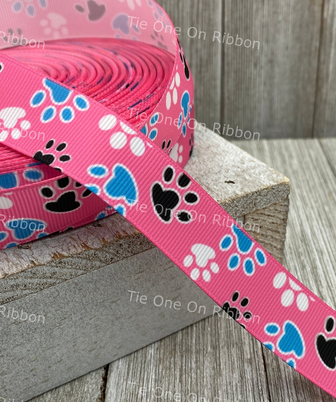 SALE! 5 Yards Pink, Black & Blue Dog Bones Paw Prints Printed Grosgrain ...