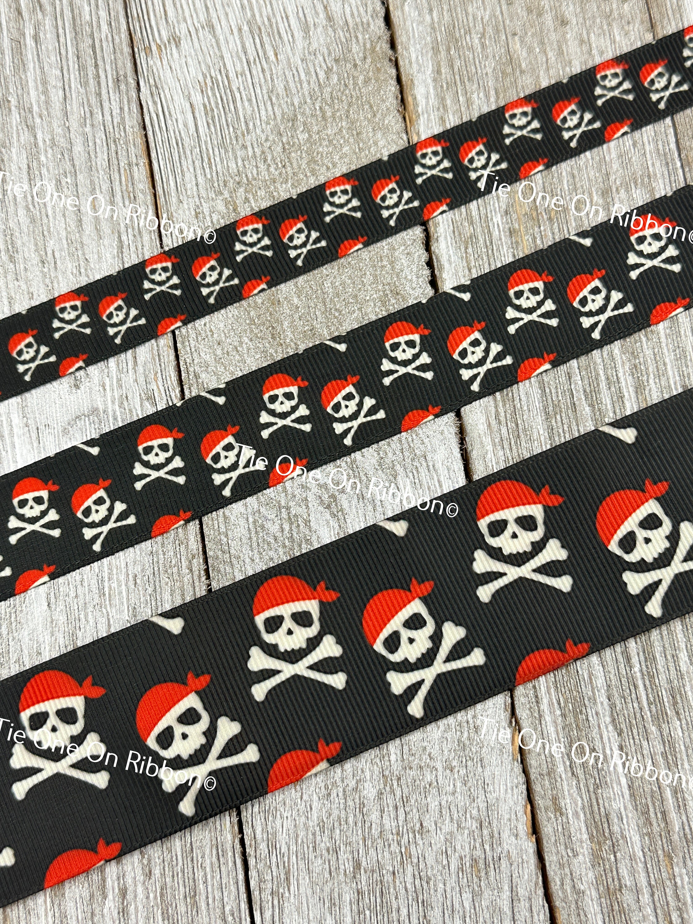 Pirate Skull and Cross Bones on Black Printed Ribbon 5/8" - 7/8" - 1.5 ...