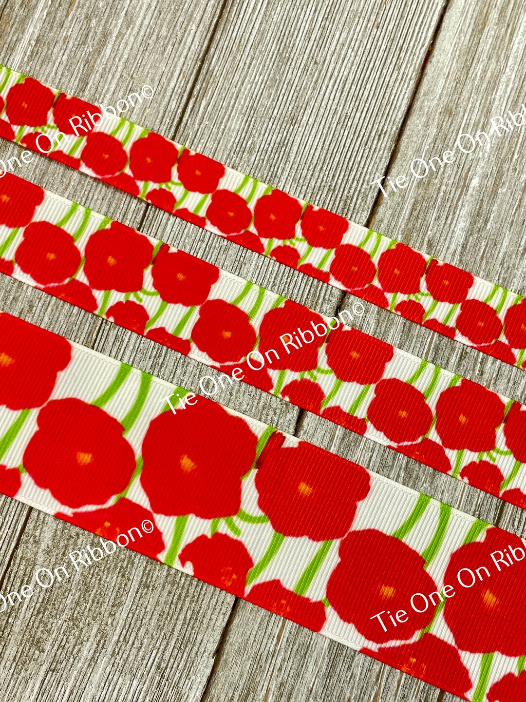 Sale! 5 Yards Painted Red Poppies and Stems Printed on White Grosgrain ...