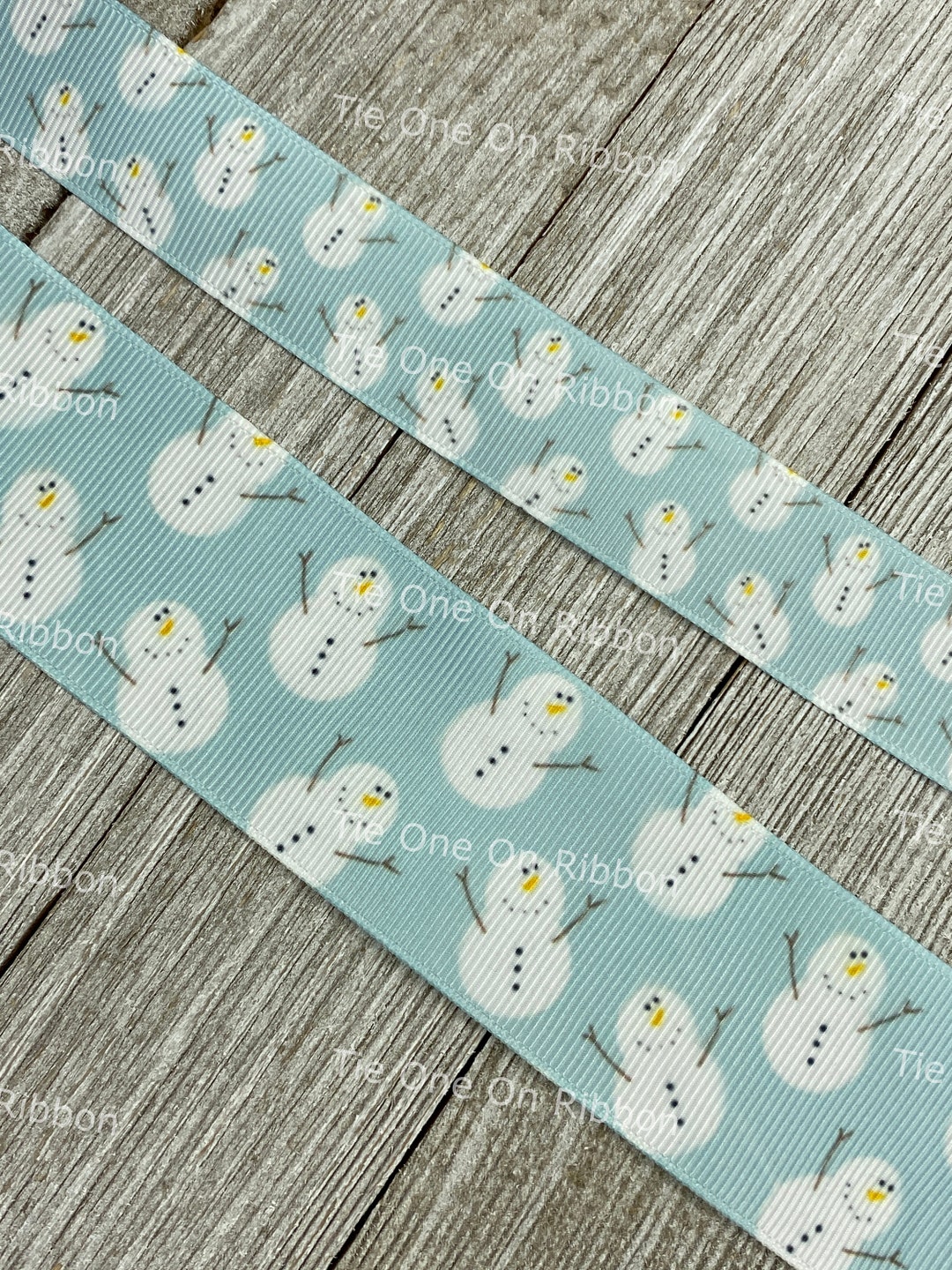 Winter Snowman on Light Blue Background Printed Grosgrain Ribbon 7/8 1. ...