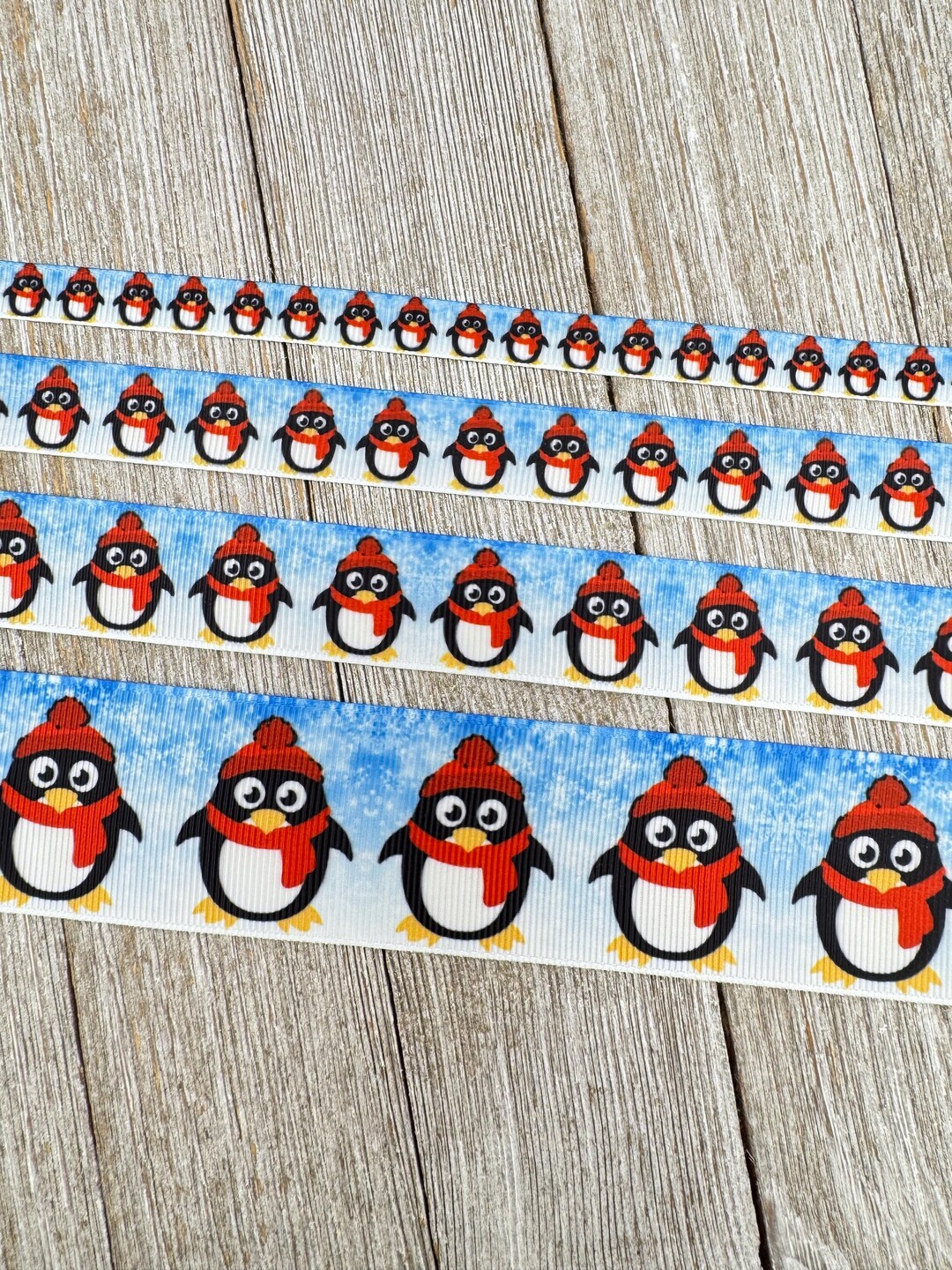 Winter Penguin Line-up With Red Hat Scarf Printed Grosgrain Ribbon: 5/8 ...
