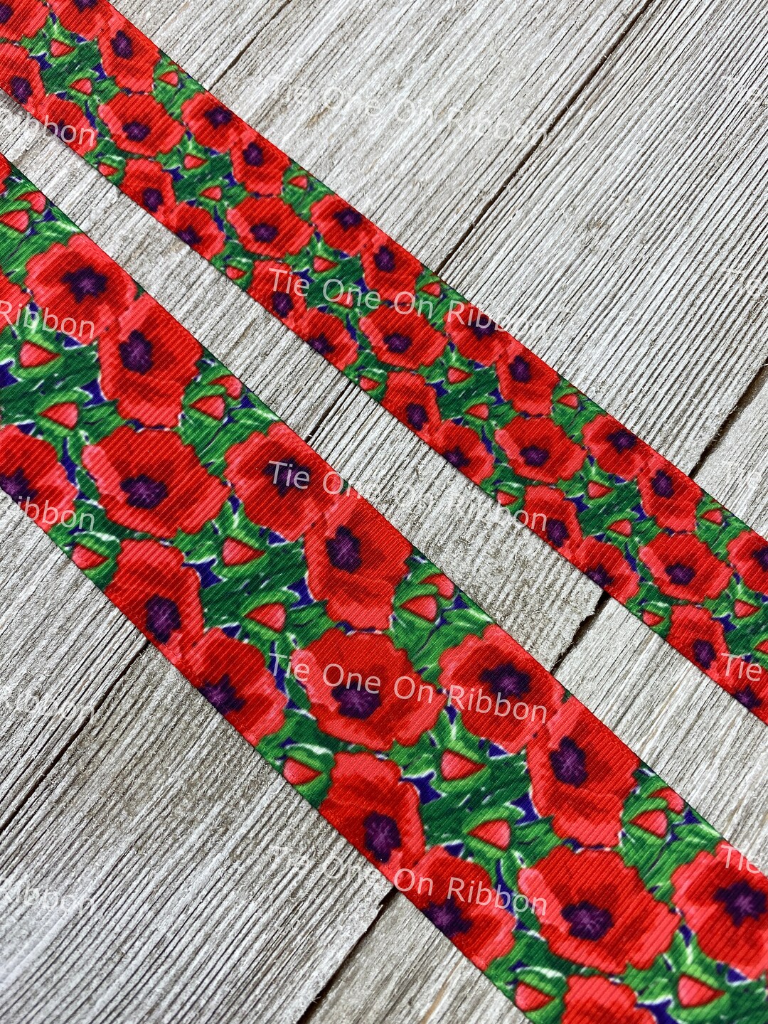 Red Poppies With Blue Accents and Green Leaves Printed Grosgrain Ribbon ...