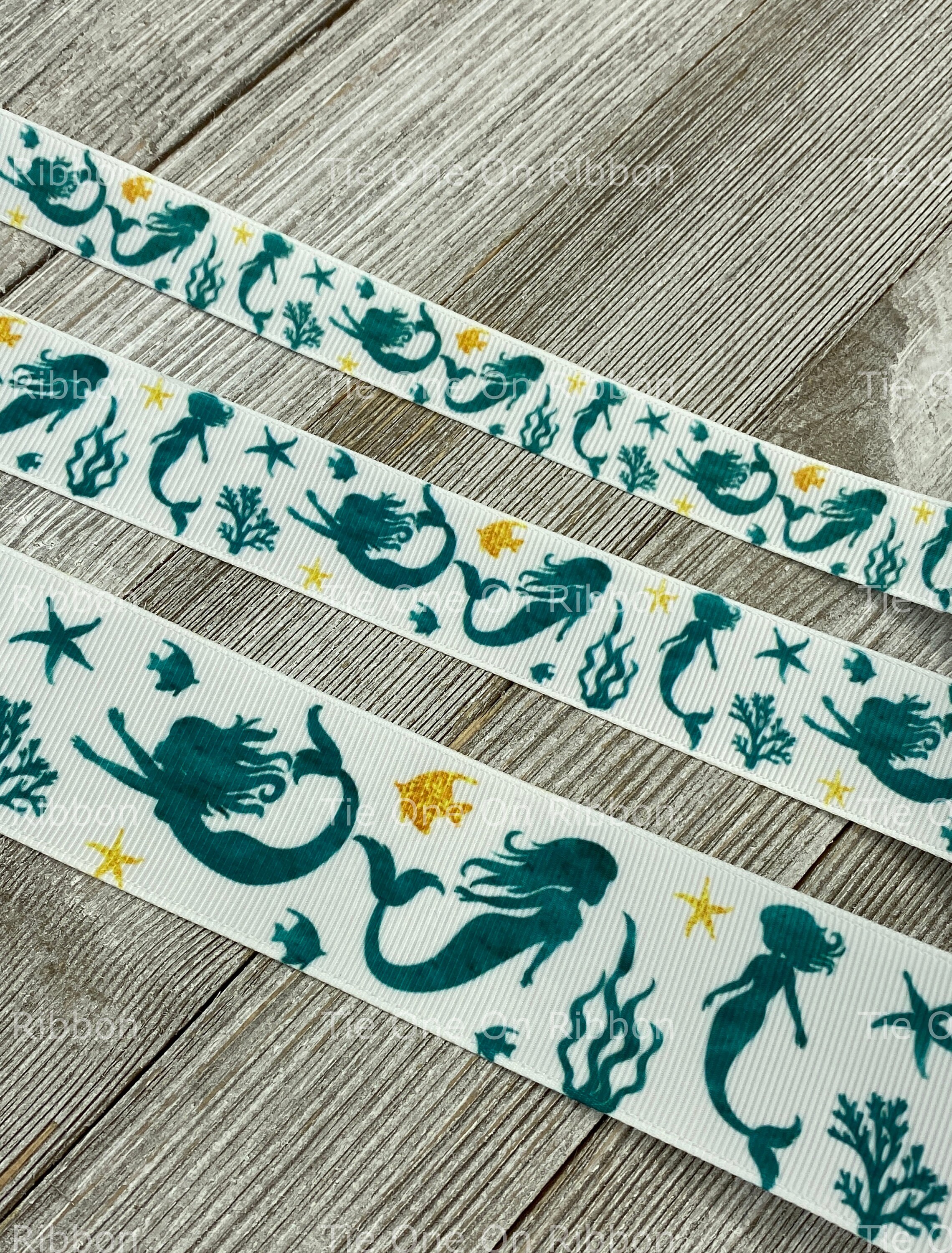 Marbled Teal Mermaids on White Printed Grosgrain Ribbon 5/8 | Etsy