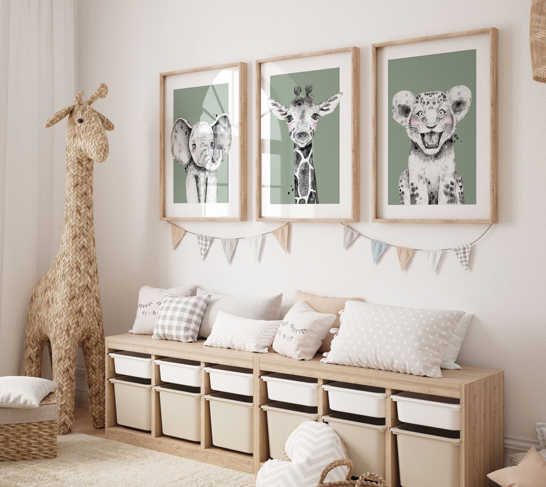 Safari Nursery Wall Prints,sage Green,set of 3 Prints,blue Nursery ...