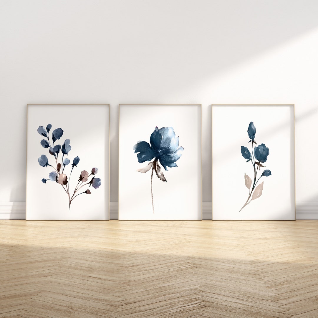 Blue Floral Prints,set O 3 Prints,flower Market Print,blue Flowers,navy ...