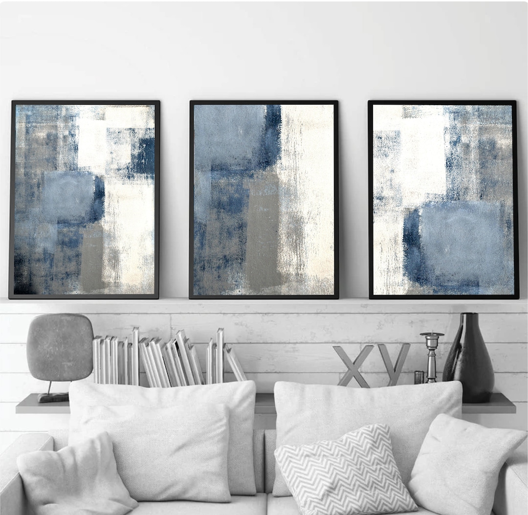 Blue Navy Grey Abstract Wall Art,set of 3 Prints,set of 3 Blue Prints ...