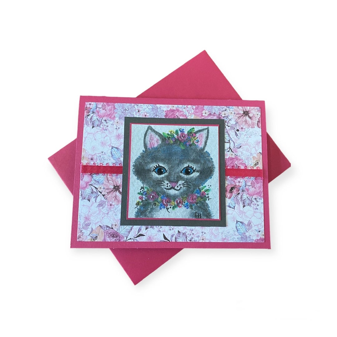 Cat Note Card, Gray Kitten Blank Greeting Card, Original Watercolor Art ...