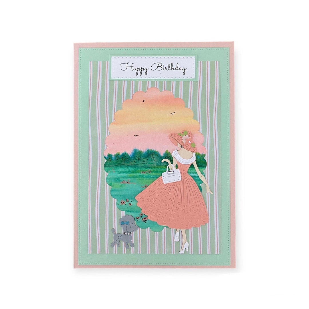 Elegant Lady Birthday Card, Greeting With Woman in Fancy Dress & Poodle ...